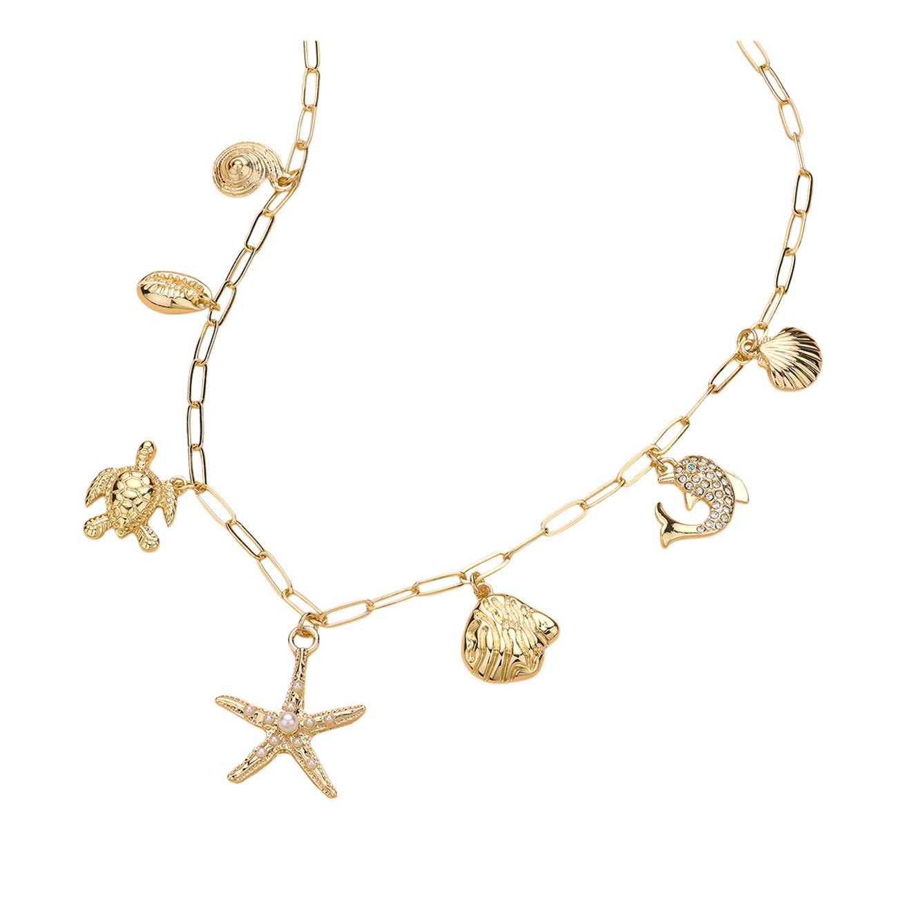 Puka Shell Turtle Starfish Dolphin Charm Station Paperclip Chain Neckl ...
