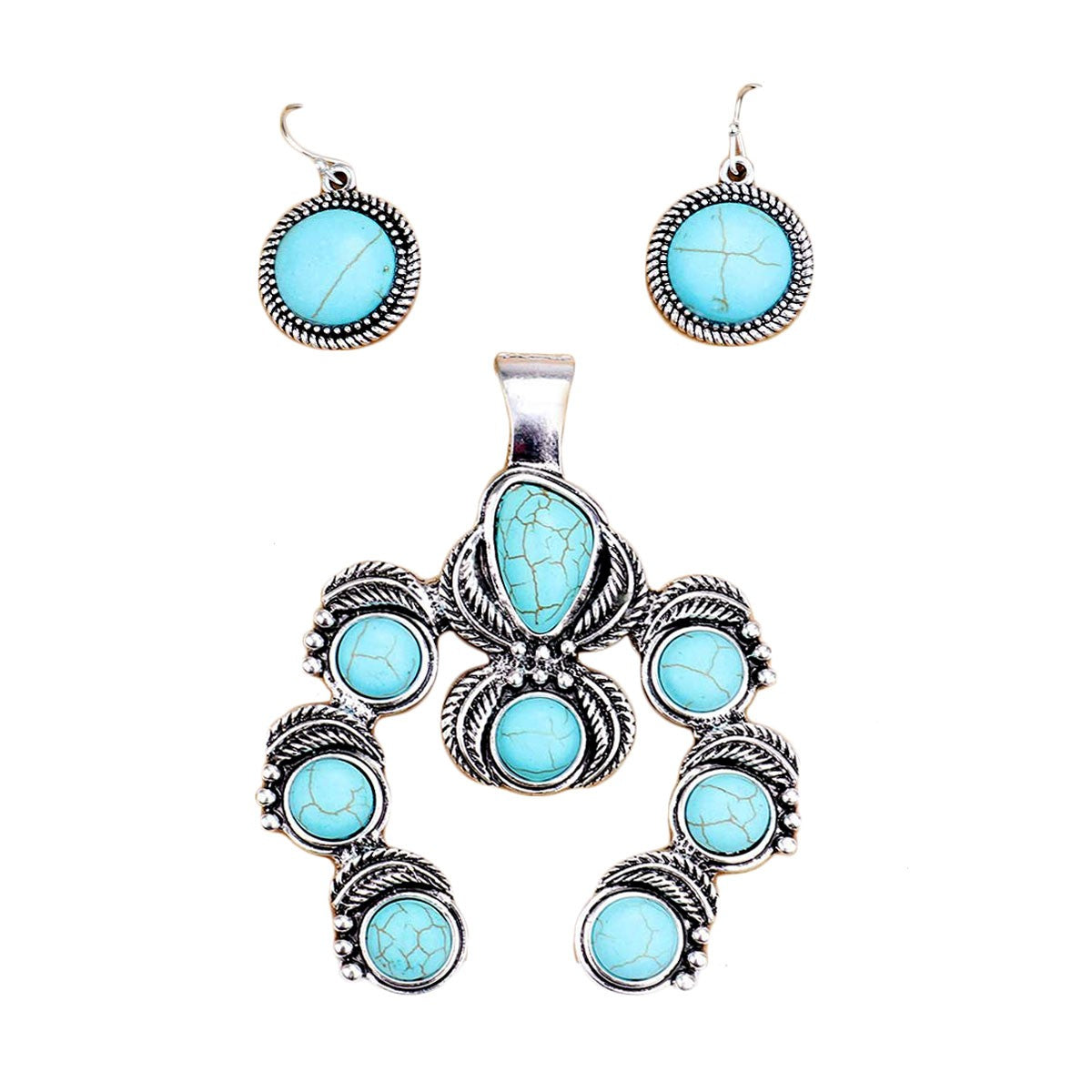 Vintage Boho Turquoise Stone Embossed Pendant Earrings Set ...